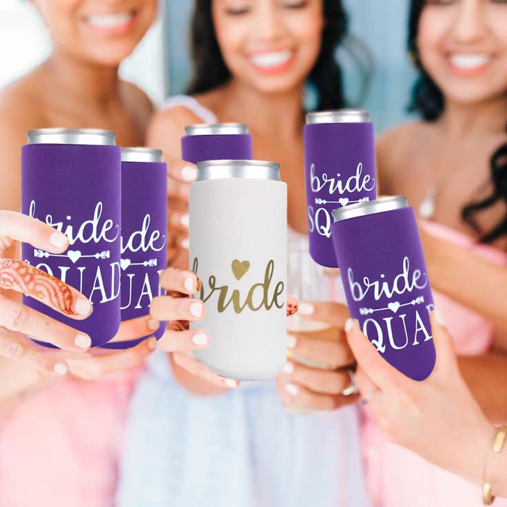 PartyGifts&Beyond 10Packs Bridesmaid Can Cooler, Bride Squad Can Sleeve for Bachelorette Party Decoration slim can koozies(Purple)