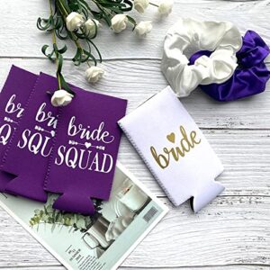 PartyGifts&Beyond 10Packs Bridesmaid Can Cooler, Bride Squad Can Sleeve for Bachelorette Party Decoration slim can koozies(Purple)