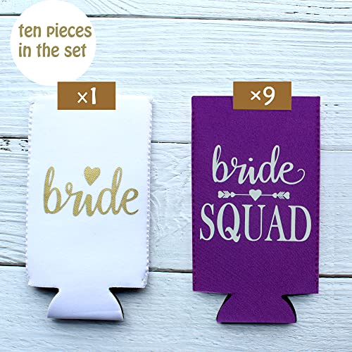 PartyGifts&Beyond 10Packs Bridesmaid Can Cooler, Bride Squad Can Sleeve for Bachelorette Party Decoration slim can koozies(Purple)