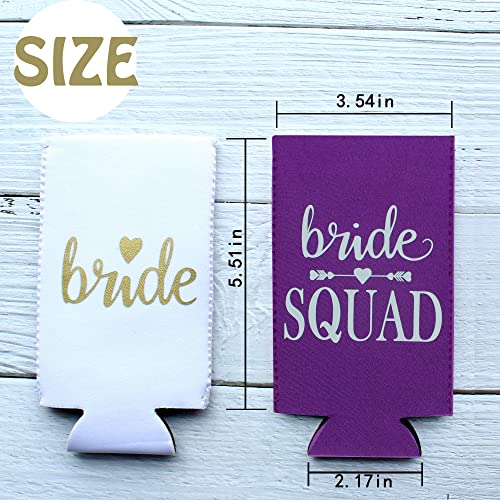 PartyGifts&Beyond 10Packs Bridesmaid Can Cooler, Bride Squad Can Sleeve for Bachelorette Party Decoration slim can koozies(Purple)