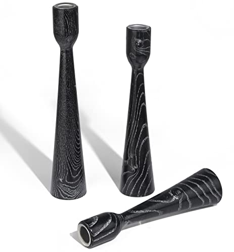 Vixdonos Black Candlestick Holder Set of 3 Wood Taper Candle Holders with Elegant Carved Tree Texture