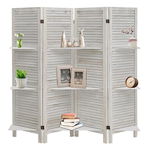 ACEHOME Room Divider with Shelves, 4 Panels Room Dividers and Folding Privacy Screens, 6 Ft Folding Room Screens, Freestanding Portable Wall Divider, Wood Dividers with Display Shelves, White