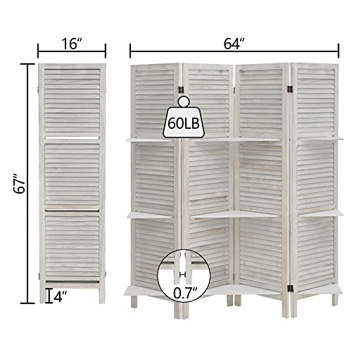 ACEHOME Room Divider with Shelves, 4 Panels Room Dividers and Folding Privacy Screens, 6 Ft Folding Room Screens, Freestanding Portable Wall Divider, Wood Dividers with Display Shelves, White