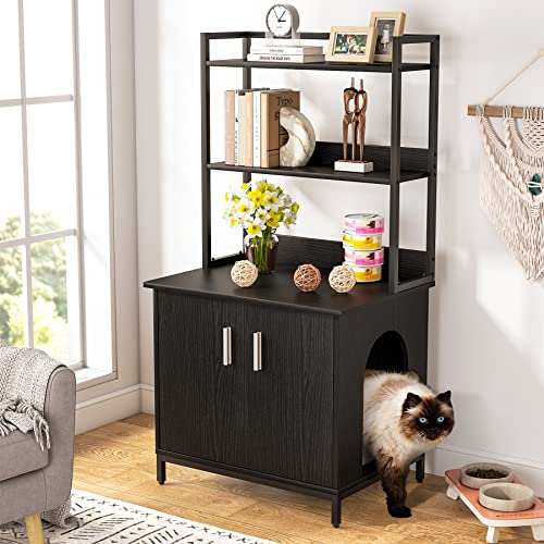 Tribesigns Litter Box Enclosure, Industrial Cat Cabinet with Shelves and Doors, Wood Pet Crate Hidden Cat Washroom for Most of Litter Box, Indoor Cat House Furniture, Black