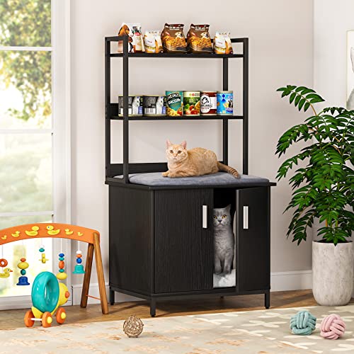 Tribesigns Litter Box Enclosure, Industrial Cat Cabinet with Shelves and Doors, Wood Pet Crate Hidden Cat Washroom for Most of Litter Box, Indoor Cat House Furniture, Black