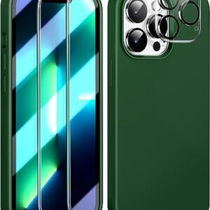 Dssairo [5 in 1 for iPhone 13 Pro Max Case 6.7 inch, with 2 Pack Screen Protector + 2 Pack Camera Lens Protector, Liquid Silicone Ultra Slim Shockproof Protective Phone Case (Alpine Green)………