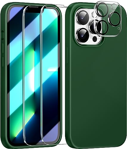 Dssairo [5 in 1 for iPhone 13 Pro Max Case 6.7 inch, with 2 Pack Screen Protector + 2 Pack Camera Lens Protector, Liquid Silicone Ultra Slim Shockproof Protective Phone Case (Alpine Green)………