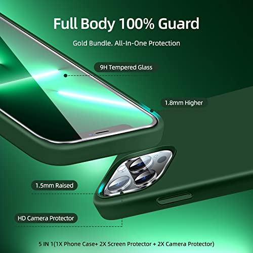 Dssairo [5 in 1 for iPhone 13 Pro Max Case 6.7 inch, with 2 Pack Screen Protector + 2 Pack Camera Lens Protector, Liquid Silicone Ultra Slim Shockproof Protective Phone Case (Alpine Green)………