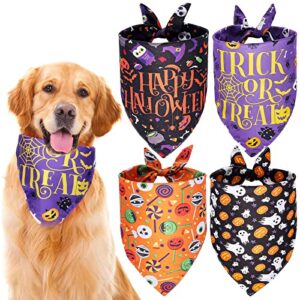 Whaline 4 Pack Halloween Pet Bandanas Pumpkin Ghost Trick or Treat Triangle Dog Bibs Purple Orange Black Dog Scarf Pet Neckerchief for Small Medium Large Pet Cat Dog Costume Accessories