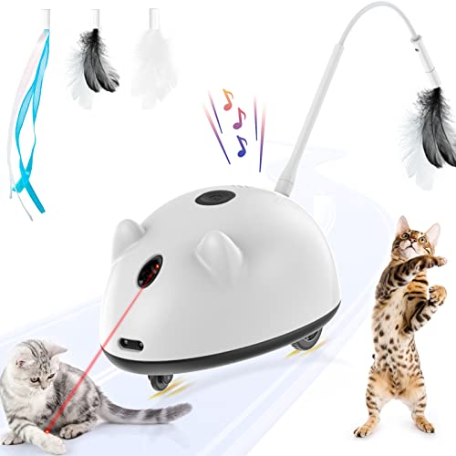 Aepiraza Cat Toys for Indoor Cats, Automatic Interactive Robotic Mice Toy with Feather Wand and LED Red Light, USB Rechargeable Motion Activated Cat Toys for Indoor Cats/Kittens/Puppies - Black