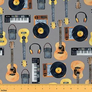 music fabric by the yard, musical instruments upholstery fabric, guitar record decorative fabric, headphones speaker indoor outdoor fabric, hippie diy art waterproof fabric, yellow black, 1 yard