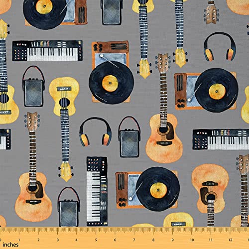 Music Fabric by The Yard, Musical Instruments Upholstery Fabric, Guitar Record Decorative Fabric, Headphones Speaker Indoor Outdoor Fabric, Hippie DIY Art Waterproof Fabric, Yellow Black, 1 Yard