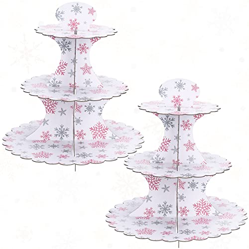 Vesici 2 Set of 3 Tier Pink Snowflake Party Cupcake Stand It's Cold Outside Baby Shower Tier Cardboard Cupcake Tray for Girls Birthday Gender Reveal Wedding Winter Party Supplies