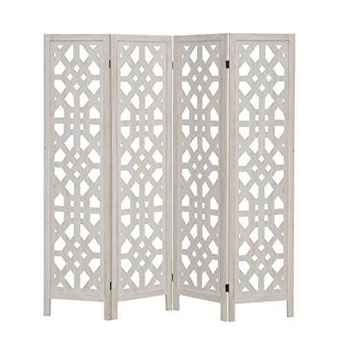 Wood Room Dividers 4 Panel, Premium Home Wooden Room Dividers Wall for Bedroom, Carved Wood Partition Room Dividers Folding Privacy Screens,White