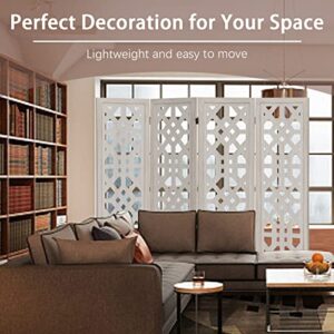 Wood Room Dividers 4 Panel, Premium Home Wooden Room Dividers Wall for Bedroom, Carved Wood Partition Room Dividers Folding Privacy Screens,White