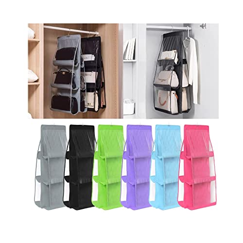 Askfairy 6 Pockets Hanging Handbag Organizer,Hanging Closet Organizer,Foldable Transparen Hanging Handbag Purse Organizer for Family Closet Bedroom