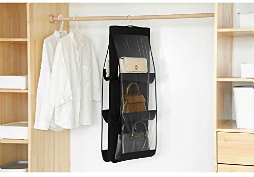 Askfairy 6 Pockets Hanging Handbag Organizer,Hanging Closet Organizer,Foldable Transparen Hanging Handbag Purse Organizer for Family Closet Bedroom