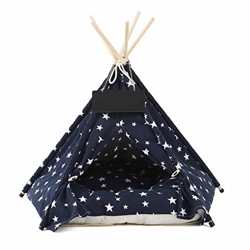 Pet Tent, Wooden Dog Cat Tent Canvas Name Tag Cute House Portable with Thick Padded Washable Navy Blue Star Pattern Tent House for Puppies and Cats