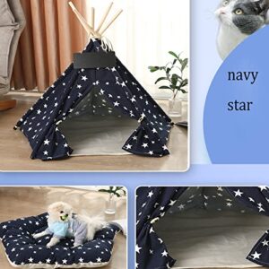 Pet Tent, Wooden Dog Cat Tent Canvas Name Tag Cute House Portable with Thick Padded Washable Navy Blue Star Pattern Tent House for Puppies and Cats