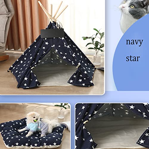 Pet Tent, Wooden Dog Cat Tent Canvas Name Tag Cute House Portable with Thick Padded Washable Navy Blue Star Pattern Tent House for Puppies and Cats