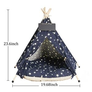 Pet Tent, Wooden Dog Cat Tent Canvas Name Tag Cute House Portable with Thick Padded Washable Navy Blue Star Pattern Tent House for Puppies and Cats