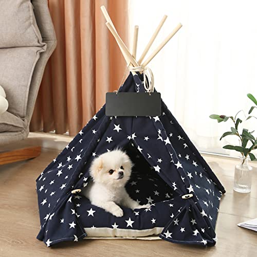 Pet Tent, Wooden Dog Cat Tent Canvas Name Tag Cute House Portable with Thick Padded Washable Navy Blue Star Pattern Tent House for Puppies and Cats