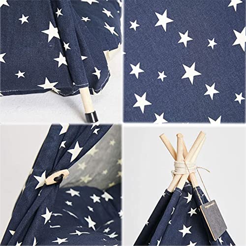 Pet Tent, Wooden Dog Cat Tent Canvas Name Tag Cute House Portable with Thick Padded Washable Navy Blue Star Pattern Tent House for Puppies and Cats