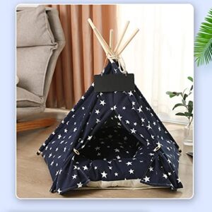 Pet Tent, Wooden Dog Cat Tent Canvas Name Tag Cute House Portable with Thick Padded Washable Navy Blue Star Pattern Tent House for Puppies and Cats