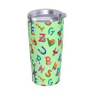 Green Animal Alphabet ABC Tumbler With Lid and Straw 20 Oz Travel Coffee Mug Reusable Food Grade Vacuum Water Glasses Thermal Cup Stainless Steel Insulated Coffee Cups for Ice Drinks and Hot Beverage