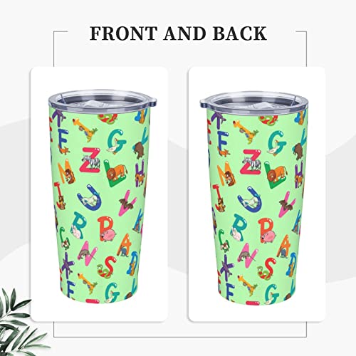 Green Animal Alphabet ABC Tumbler With Lid and Straw 20 Oz Travel Coffee Mug Reusable Food Grade Vacuum Water Glasses Thermal Cup Stainless Steel Insulated Coffee Cups for Ice Drinks and Hot Beverage