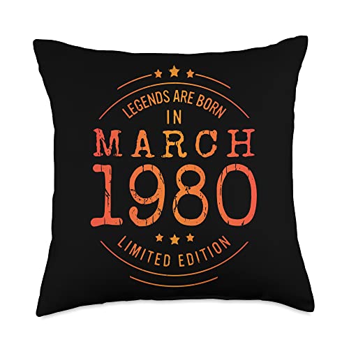 Birthday Costume Gift Idea Women Born 1980 Men Birthday March 1980 Year Limited Edition Used Legends Throw Pillow, 18x18, Multicolor