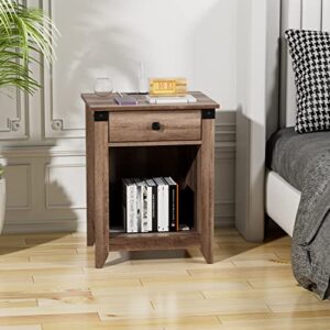 HOSEOKA Rustic Nightstand with Charging Station, Farmhouse Brown Wood Night Stand Bedroom Bedside Table Bed Side Table Sofa End Table with Storage Cabinet for Living Room