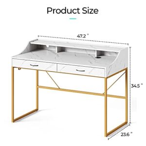 LINSY HOME Computer Desk with Drawers, 47-inch Writing Desk Study Table with Monitor Stand Riser for Home Office, White