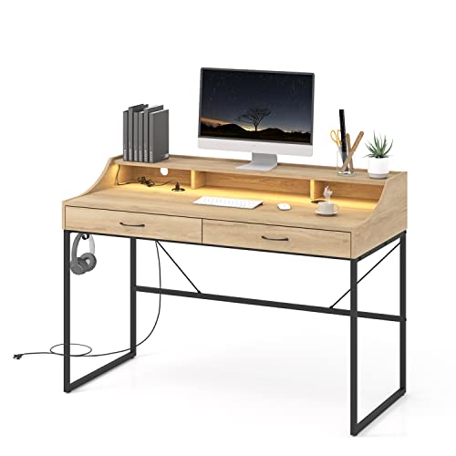 LINSY HOME Computer Desk with Two Drawers and LED Light, 47-inch Writing Desk Study Table with Monitor Stand Riser for Home Office, Light Brown