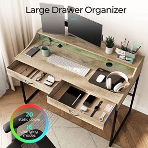 LINSY HOME Computer Desk with Two Drawers and LED Light, 47-inch Writing Desk Study Table with Monitor Stand Riser for Home Office, Light Brown