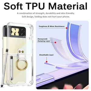 Miimall Compatible for Samsung Galaxy Z Flip 4 2022 Case with Pen, Ultra-Thin Flip 4 Case with Ring Holder, Soft TPU+PC Shockproof Anti-Scratch Clear Cover Case for Samsung Z Flip 4(Clear)