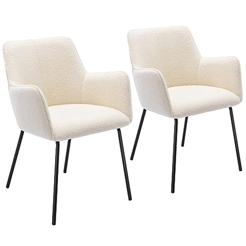 ONEVOG Boucle Dining Chairs with Arms Set of 2 with Curved Backrest, Lumbar Support Upholstered Cream Fuzzy Chair, Upholstered Dining Room Chair for Dinner, Small Spaces, Living Room Guest Arm Chairs