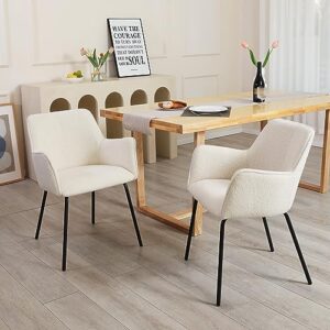 ONEVOG Boucle Dining Chairs with Arms Set of 2 with Curved Backrest, Lumbar Support Upholstered Cream Fuzzy Chair, Upholstered Dining Room Chair for Dinner, Small Spaces, Living Room Guest Arm Chairs