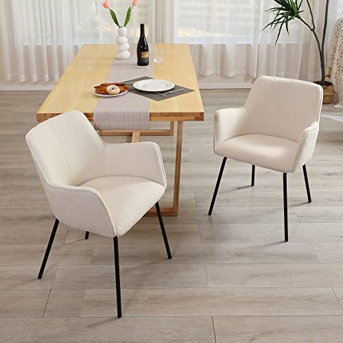 ONEVOG Boucle Dining Chairs with Arms Set of 2 with Curved Backrest, Lumbar Support Upholstered Cream Fuzzy Chair, Upholstered Dining Room Chair for Dinner, Small Spaces, Living Room Guest Arm Chairs