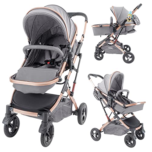 BABY K 2 in 1 Convertible Baby Pram Stroller (Grey - with Snack Tray & Large Storage Basket) - Foldable Reverse Facing Baby Bassinet Stroller with Various Adjustable & Reclining Stroller Modes