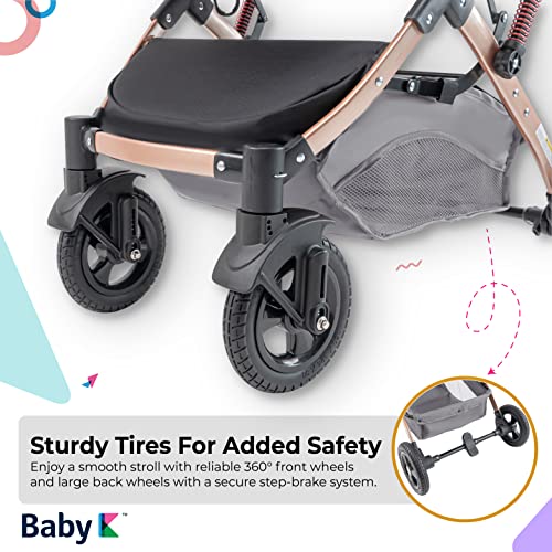 BABY K 2 in 1 Convertible Baby Pram Stroller (Grey - with Snack Tray & Large Storage Basket) - Foldable Reverse Facing Baby Bassinet Stroller with Various Adjustable & Reclining Stroller Modes