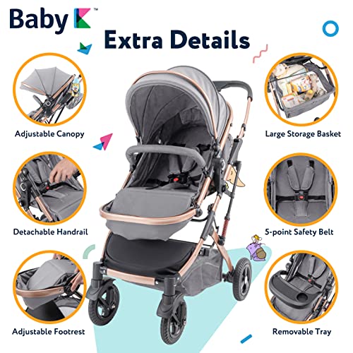 BABY K 2 in 1 Convertible Baby Pram Stroller (Grey - with Snack Tray & Large Storage Basket) - Foldable Reverse Facing Baby Bassinet Stroller with Various Adjustable & Reclining Stroller Modes