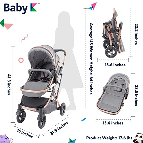 BABY K 2 in 1 Convertible Baby Pram Stroller (Grey - with Snack Tray & Large Storage Basket) - Foldable Reverse Facing Baby Bassinet Stroller with Various Adjustable & Reclining Stroller Modes