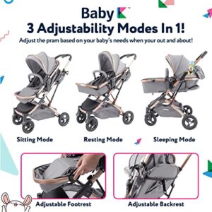 BABY K 2 in 1 Convertible Baby Pram Stroller (Grey - with Snack Tray & Large Storage Basket) - Foldable Reverse Facing Baby Bassinet Stroller with Various Adjustable & Reclining Stroller Modes