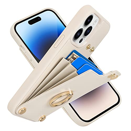 LAMEEKU Wallet Case Compatible with iPhone 14 Pro Max, Leather Case with Card Holder, 360°Rotation Ring Kickstand, RFID Blocking Protective Case Designed for Apple iPhone 14 Pro Max 6.7'' Beige (2022)