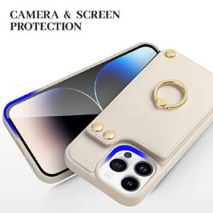 LAMEEKU Wallet Case Compatible with iPhone 14 Pro Max, Leather Case with Card Holder, 360°Rotation Ring Kickstand, RFID Blocking Protective Case Designed for Apple iPhone 14 Pro Max 6.7'' Beige (2022)