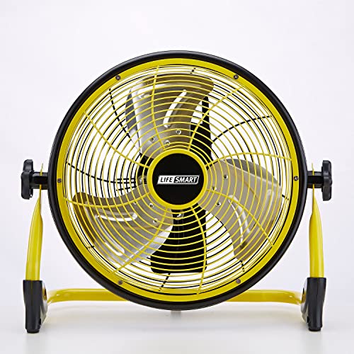 LifeSmart 12-Inch Rechargeable Battery Powered Fan with Variable Speeds, Non Slip Feet, USB Charging Port, and Built in Carrying Handle in Yellow