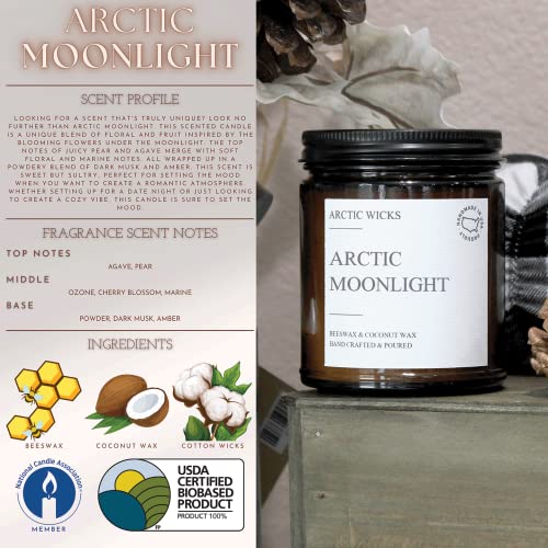 Arctic Moonlight | Arctic Wicks Handmade Scented Coconut Beeswax Candle | Natural Coconut Beeswax 9oz Amber Jar | Farmhouse Candles High-Quality Wax Non-Toxic Clean Burn 100% USDA Certified Biobased