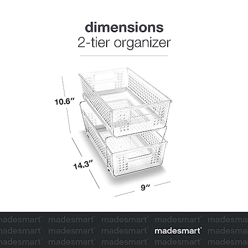 madesmart 2-Tier Plastic Multipurpose Organizer with Divided Slide-Out Storage Bins, Under Sink and Cabinet Organizer Rack, Clear