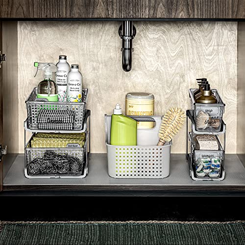 madesmart 2-Tier Plastic Multipurpose Organizer with Divided Slide-Out Storage Bins, Under Sink and Cabinet Organizer Rack, Clear